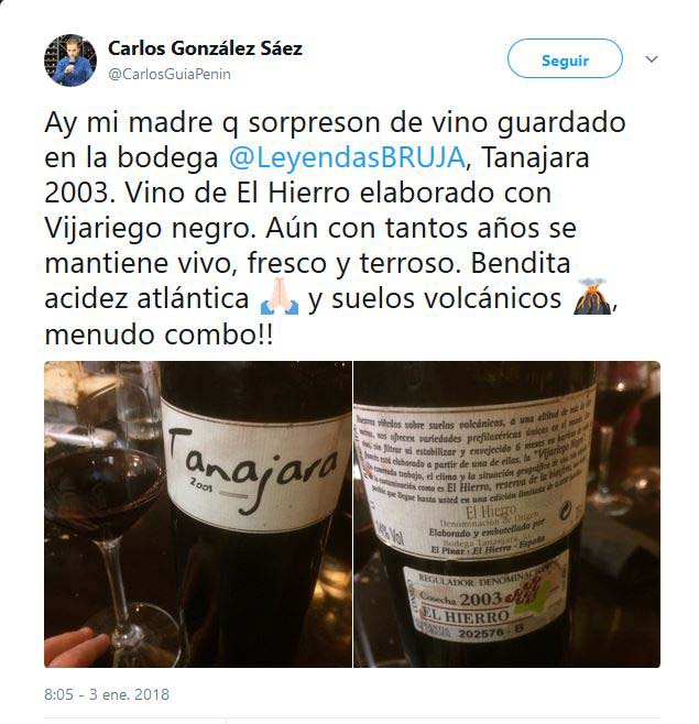 Tweet de Carlos Gonzalez – Guia Peñin – Tanajara